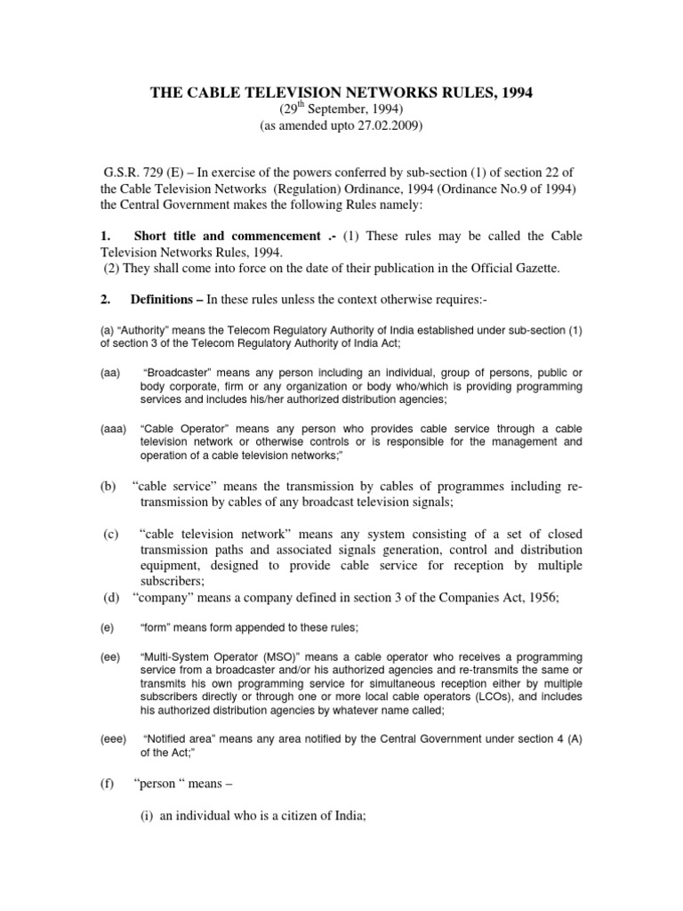 Cable Television Networks Rules, 1994 As Amended (Updated Upto 27.2. ...
