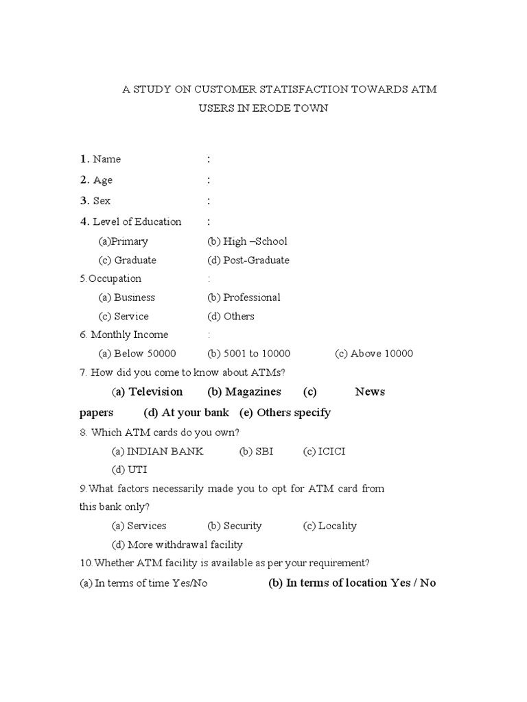 Full Chapter ATM QUESTIONNAIRE | Automated Teller Machine | Banks