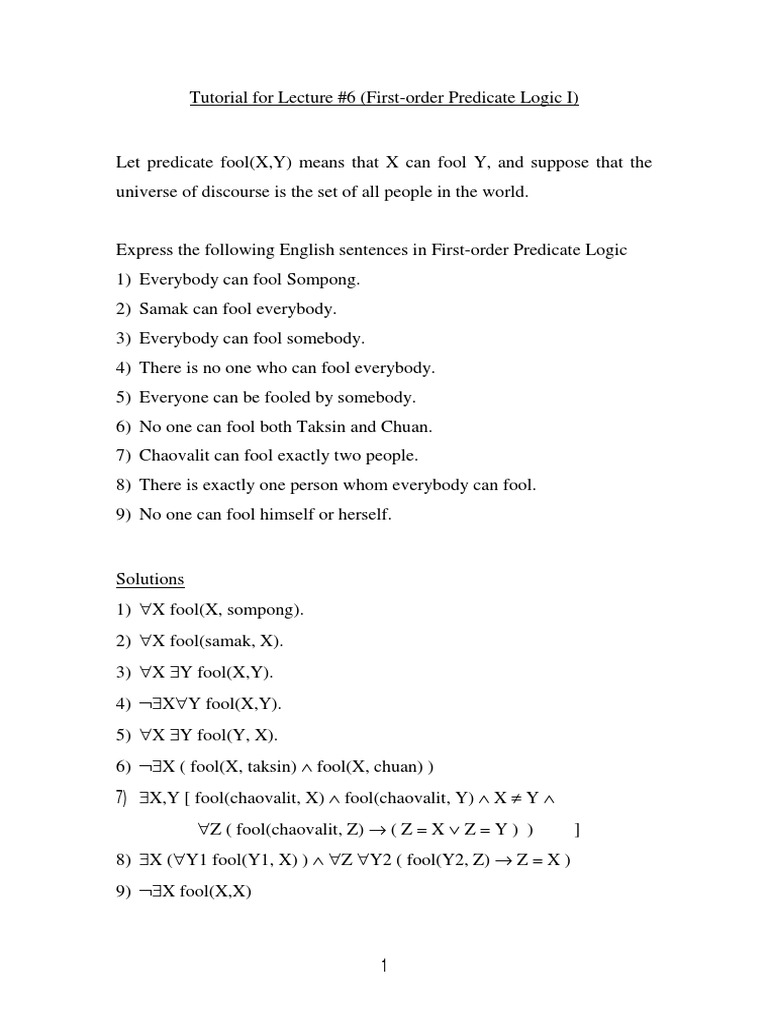 Tutorial For First Order Predicate Logic I - Lecture6 | PDF | First ...