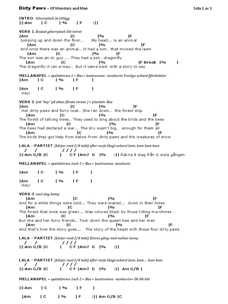 Dirty Paws Chords and Lyrics | PDF