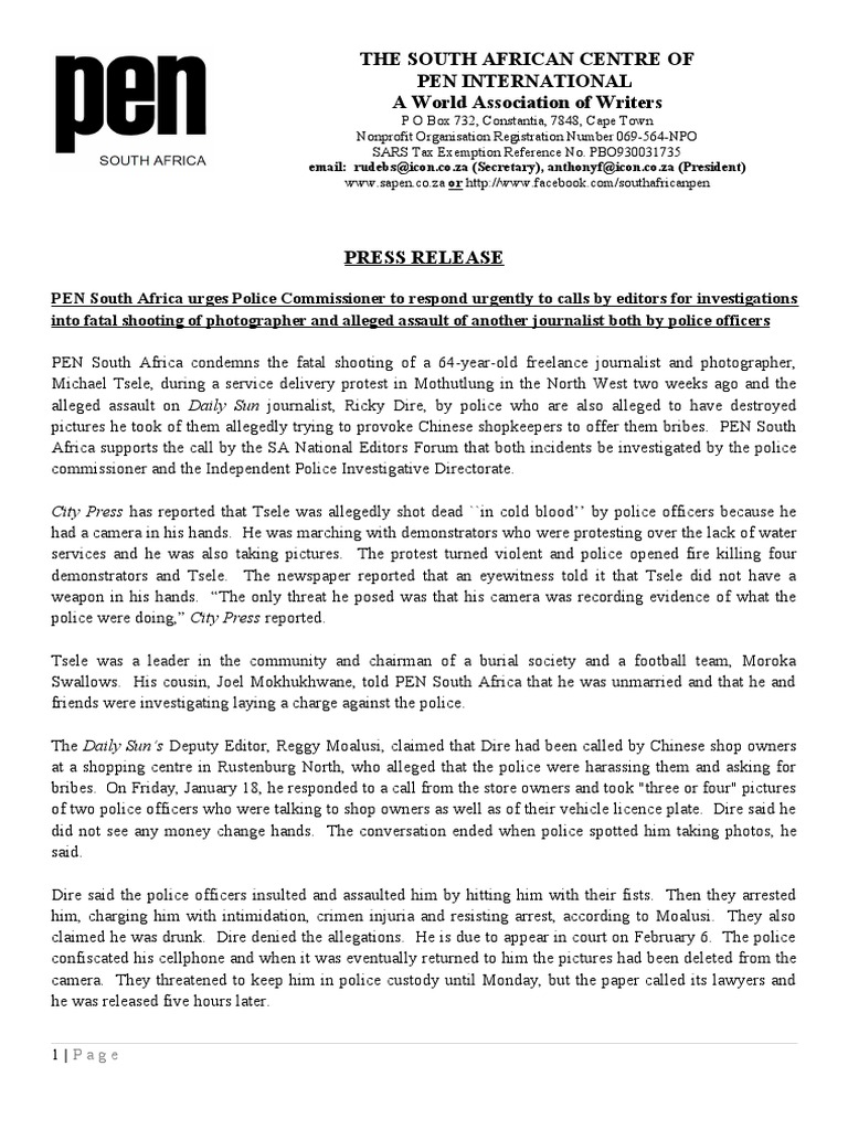 PEN South Africa PEN South Africa Condemns The Fatal Shooting of ...