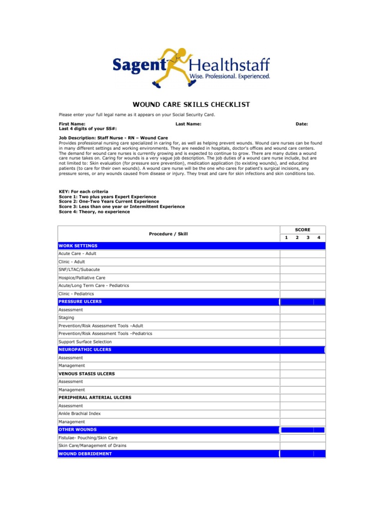 Wound Care Skills Checklist: Work Settings | PDF | Wound | Urinary ...