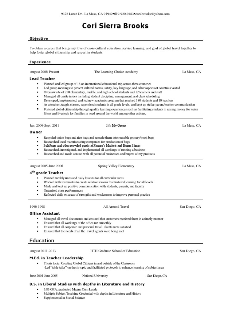 Cori Brooks Resume | PDF | Teachers | Sharing