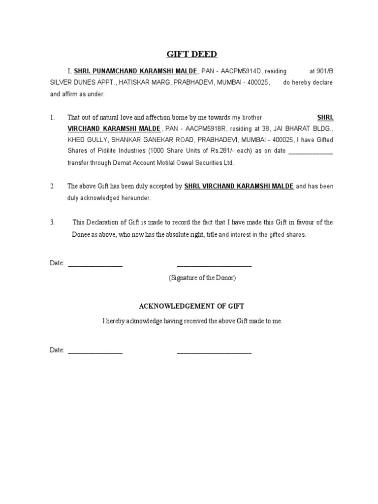 Draft of Declaration of Gift To Individual | PDF