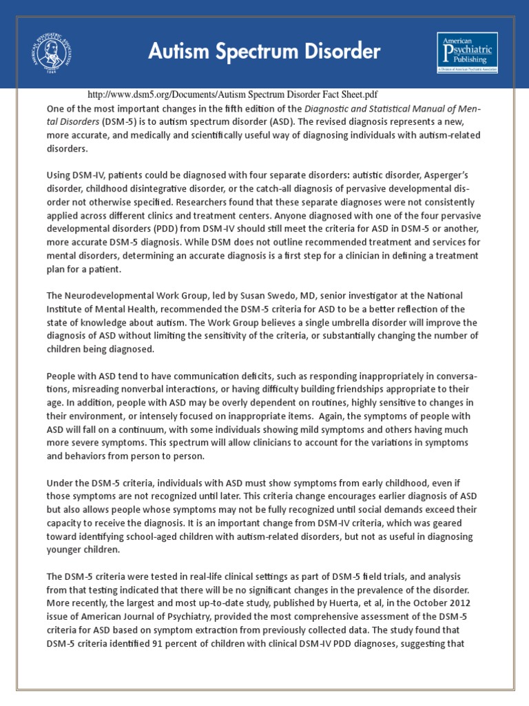 Autism Spectrum Disorder Fact Sheet | PDF | Autism Spectrum | Dsm 5