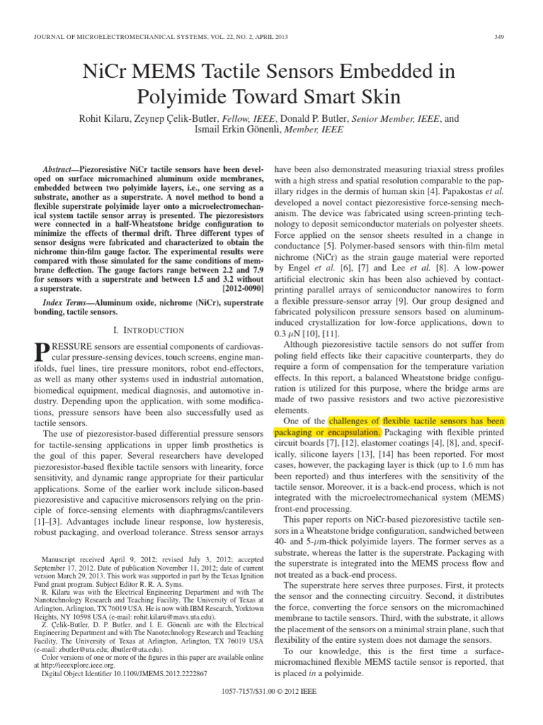 NiCr MEMS Tactile Sensors Embedded in Polyimide Toward Smart Skin | PDF | Microelectromechanical ...