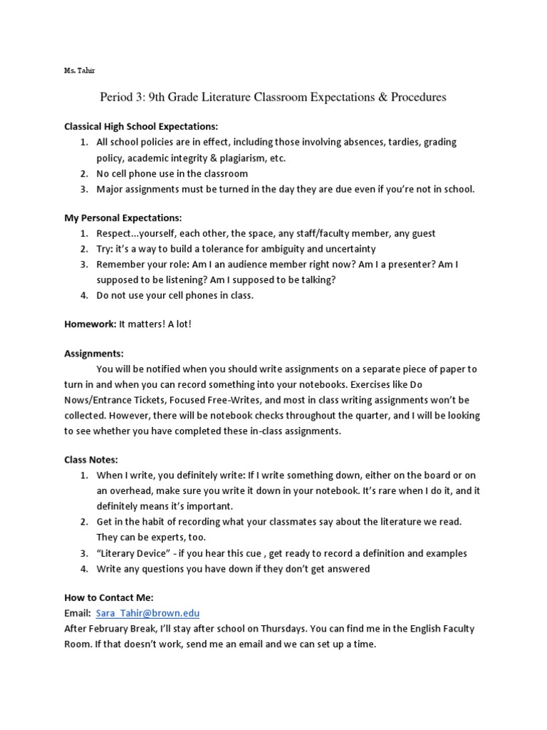 Period 3: 9th Grade Literature Classroom Expectations & Procedures | PDF