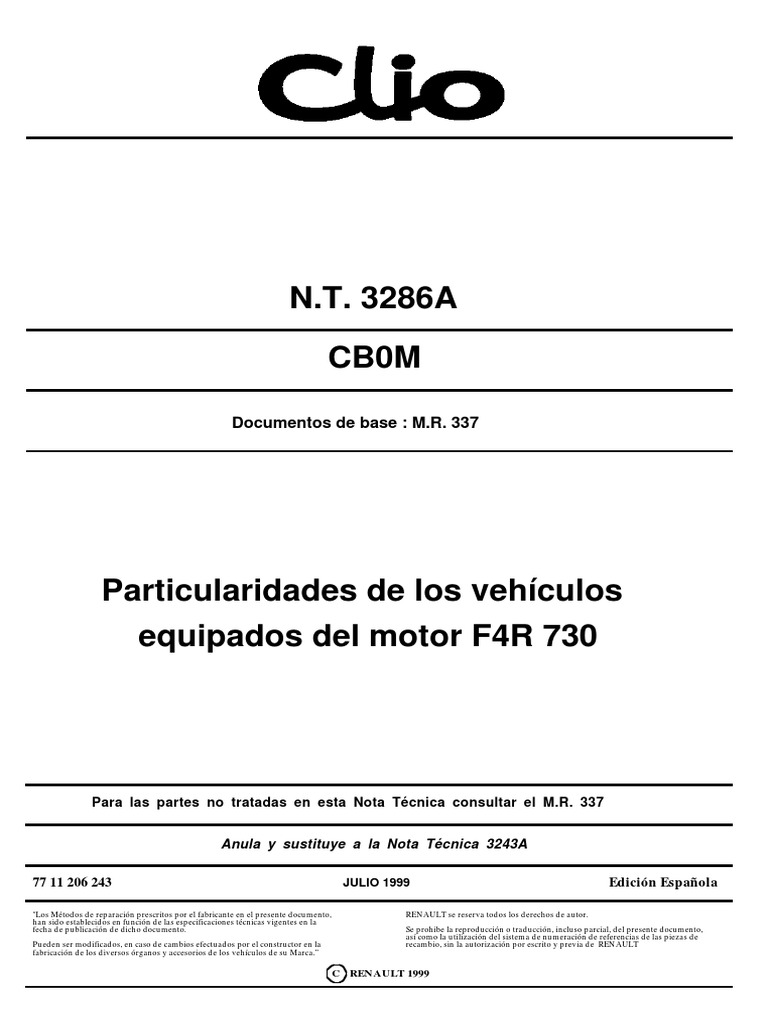 Clio f4r 730 Engine Cb0m 3286a Bueno | PDF | Tornillo | Engranaje