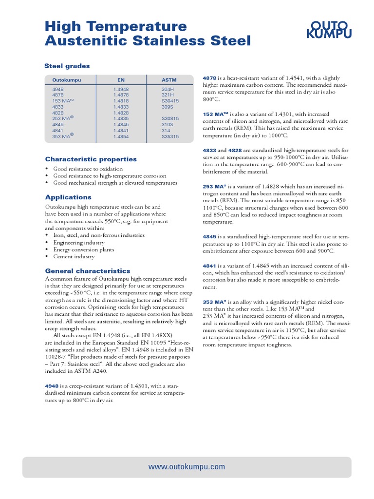 Austenitic High Temperature Grades Datasheet | PDF | Steel | Corrosion