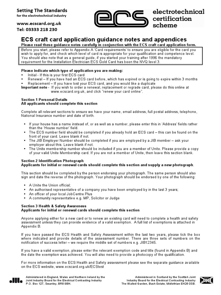 ECS Card Application Form and Guidance Notes | Electrician | Apprenticeship