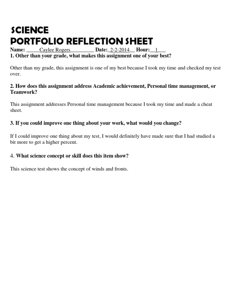 Science Portfolio Reflection Sheet | PDF