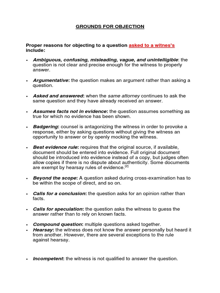 Grounds for Objection DURING DIRECT EXAMINATION AND CROSS EXAM ...