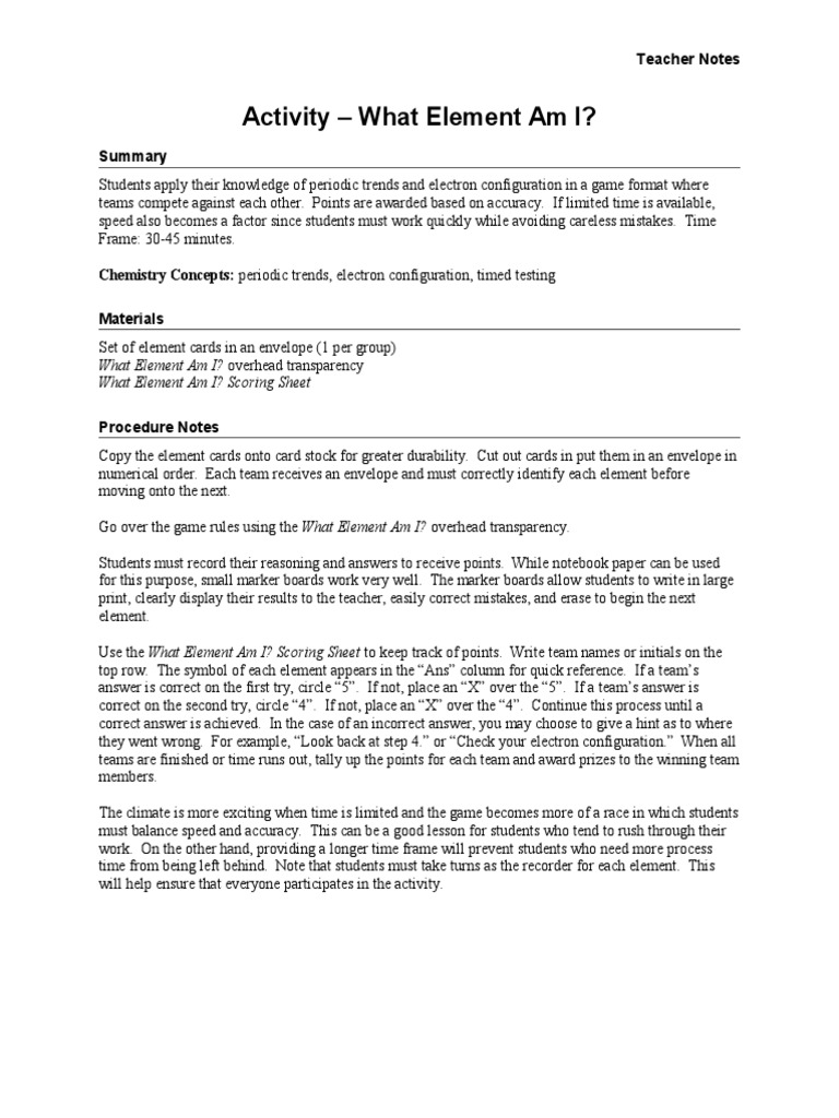 Activity - What Element Am I - Teacher | PDF | Ion | Electron Configuration