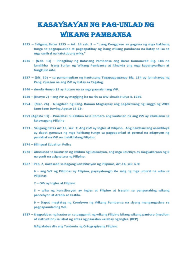 Timeline Ng Kasaysayan Ng Wikang Pambansa