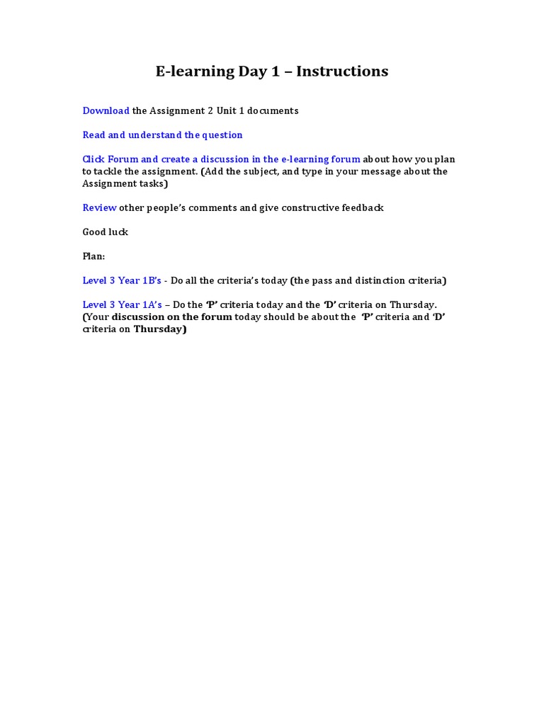 E-learning Day 1 Instructions and Plan | PDF