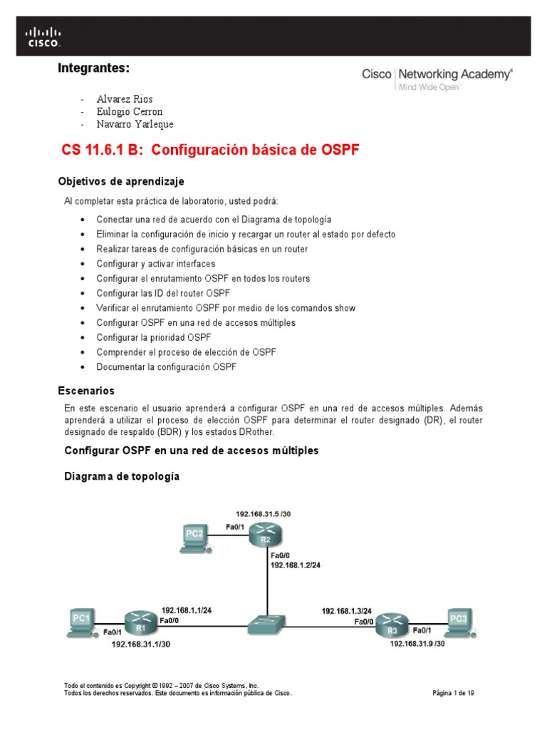 Configuración básica de OSPF en una red de accesos múltiples | PDF | Enrutador (Computación ...
