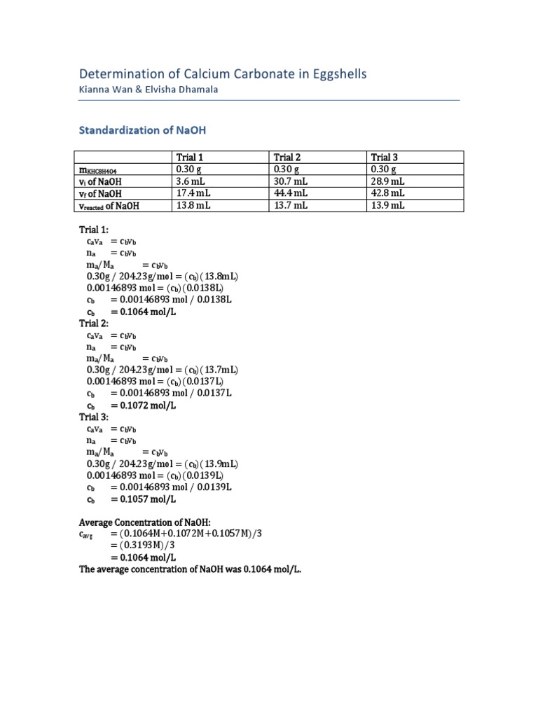 Calcium Carbonate in Eggshells Analysis | PDF | Mole (Unit) | Sodium ...