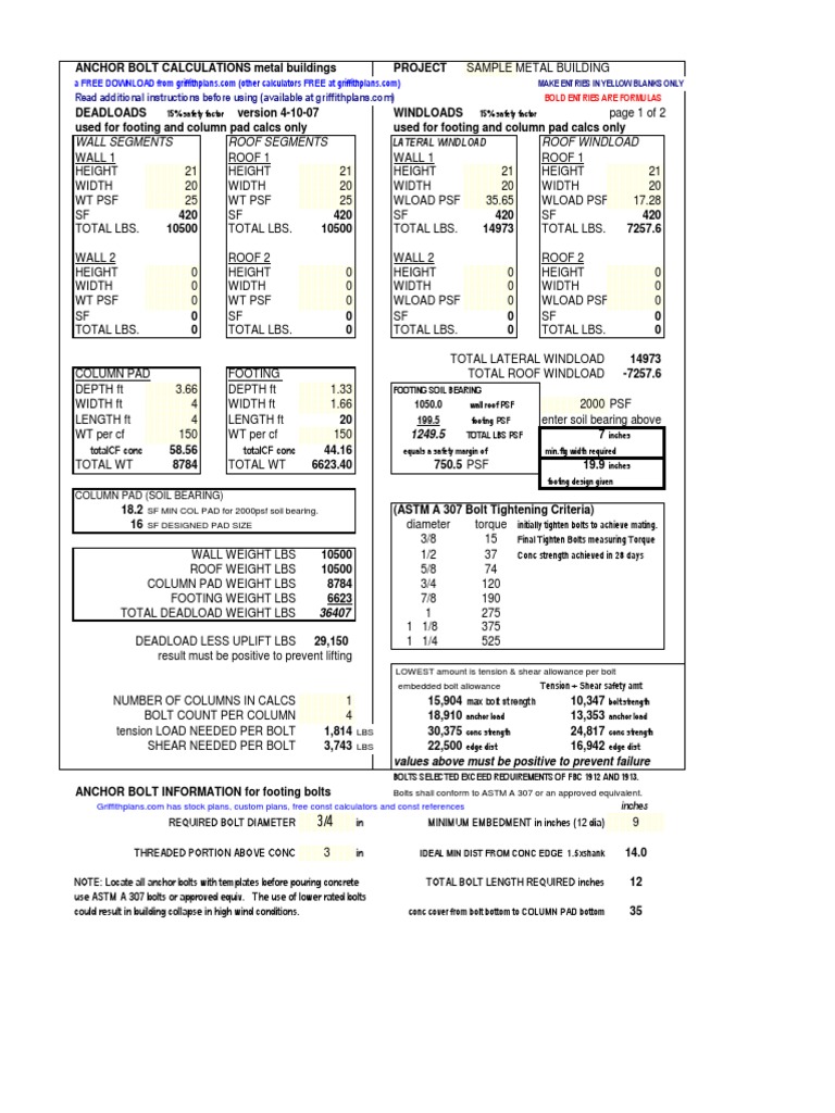 Excel Anchor Bolt Calculator | PDF | Screw | Strength Of Materials