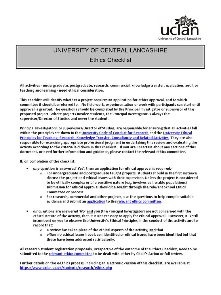 Ethics Checklist 201filestube3 | PDF | Institutional Review Board ...