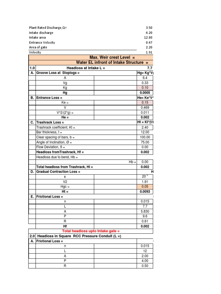 Head Loss Calculation For Hydropower | PDF | Friction | Hydraulics