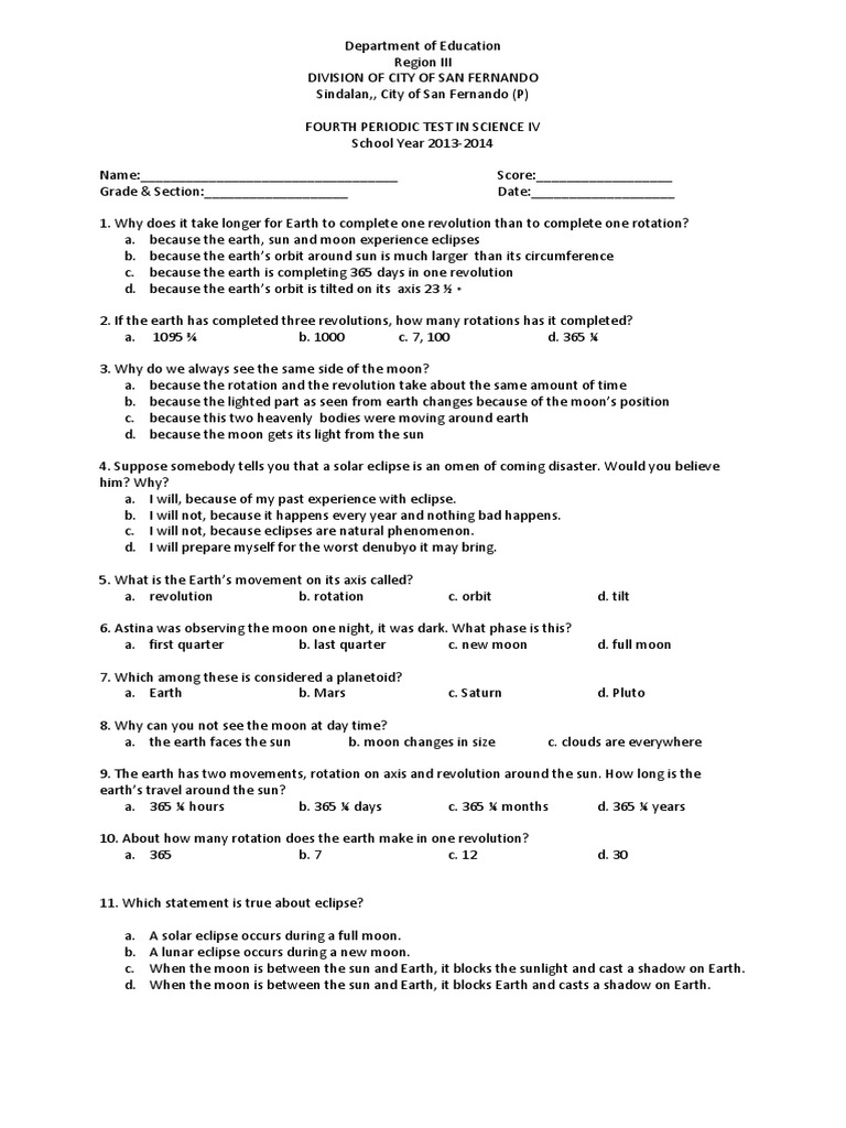 Science Test Paper | PDF | Solar Eclipse | Moon