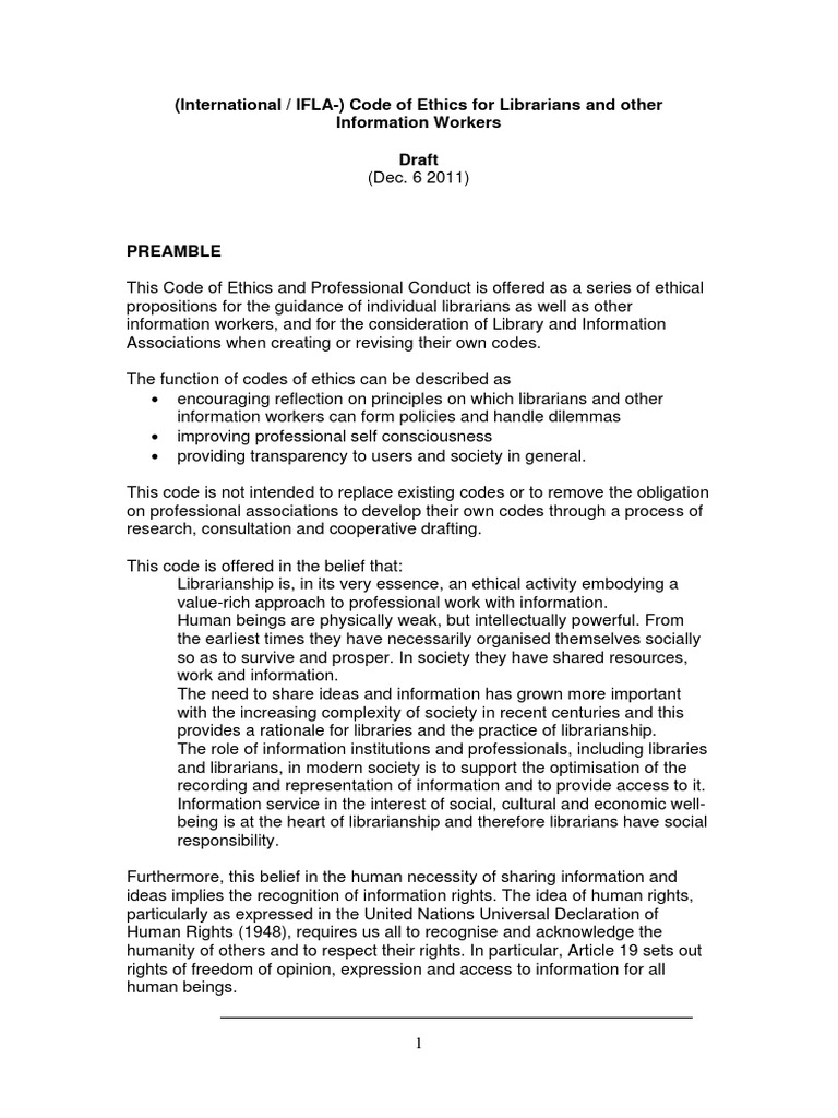 IFLA Code of Ethics For Librarians | PDF | Librarian | Library Science