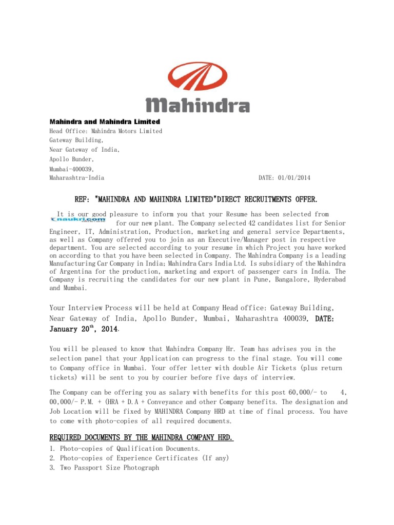 Mahindra and Mahindra Limited Job Recruitment Offer for Various ...