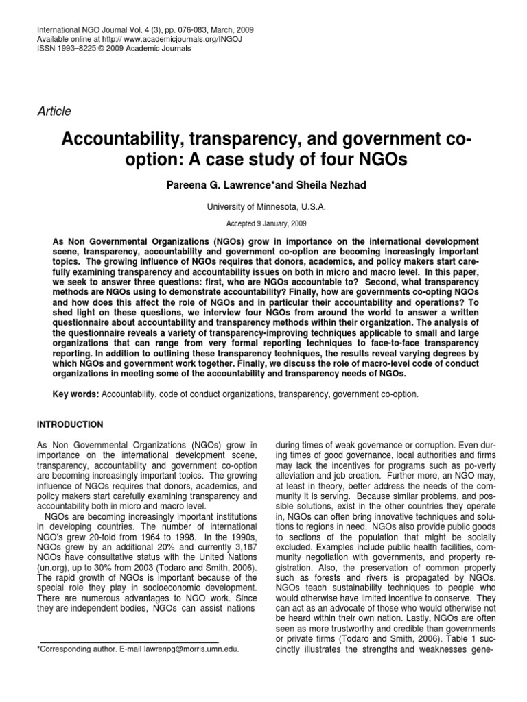 Accountability, Transparency, and Government Co-Option: A Case Study of ...