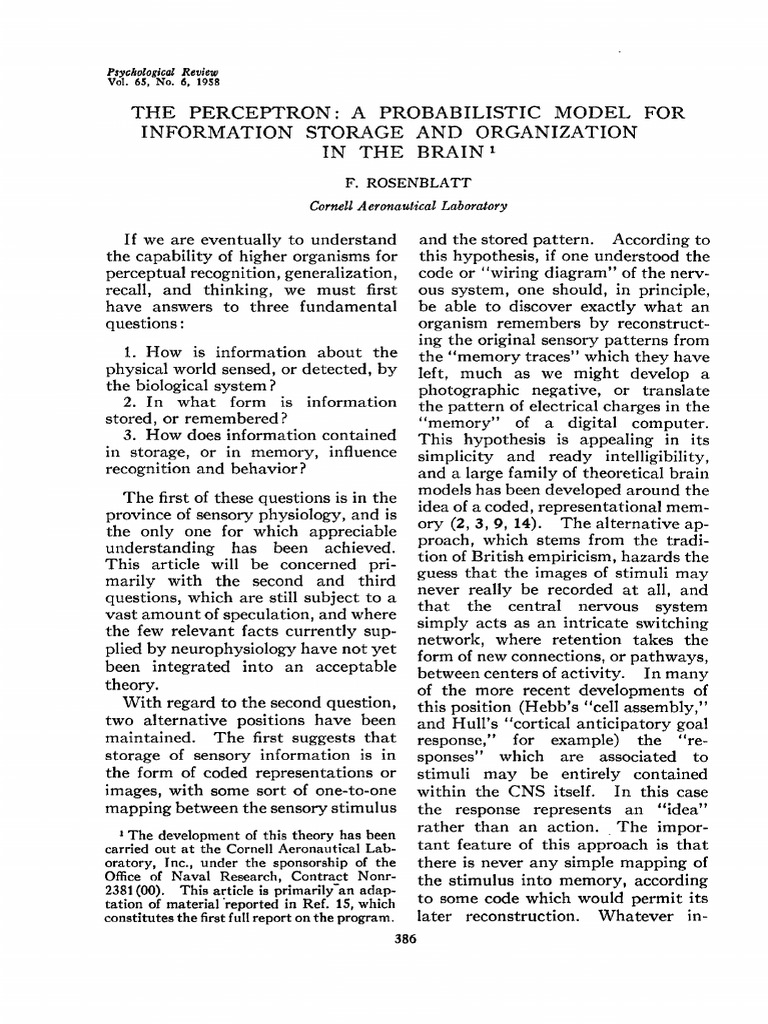 Rosenblatt 1958 | PDF | Reinforcement | Perception