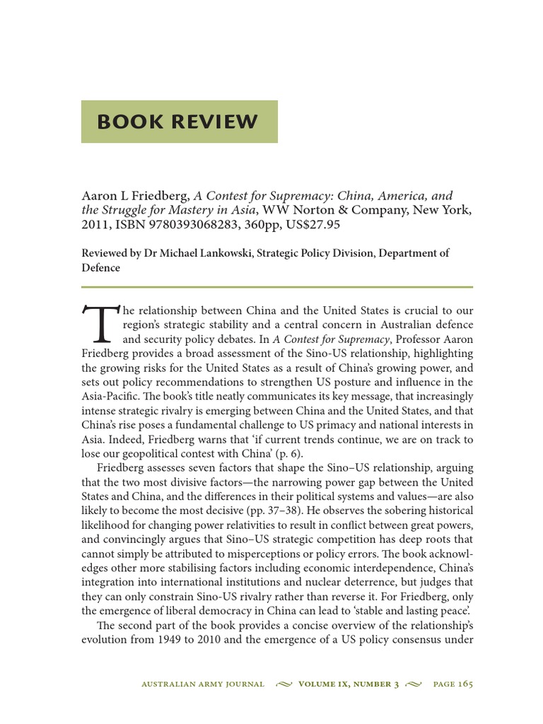 Book Review: Aaron L Friedberg, A Contest For Supremacy: China, America ...
