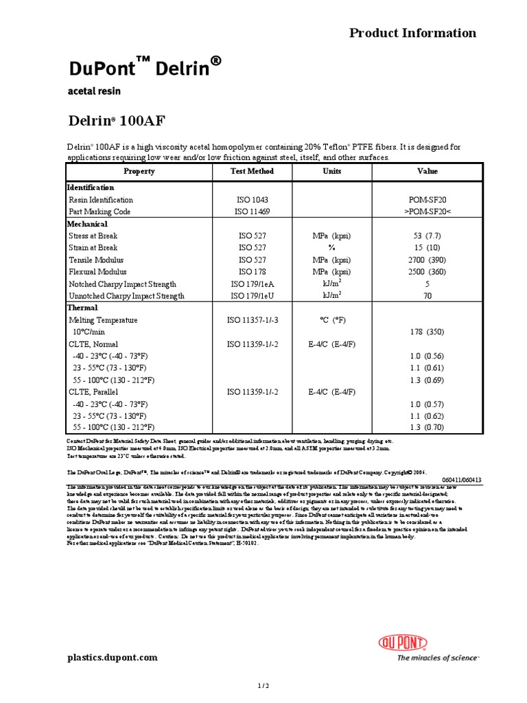 Delrin 100 AF | PDF | Strength Of Materials | Temperature