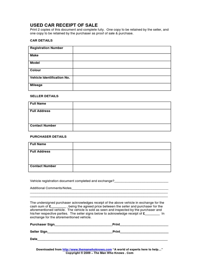 Used Car Receipt of Sale | PDF | Business | Finance & Money Management