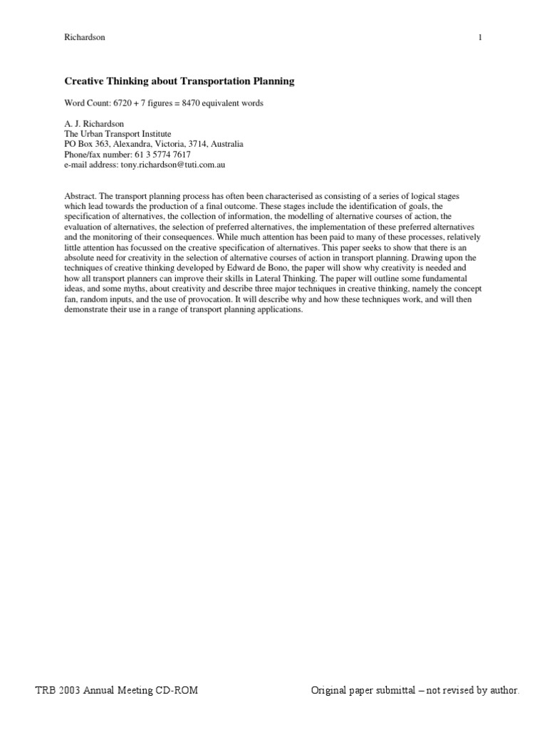 Creative Approaches in Transport Planning | PDF | Creativity | Thought