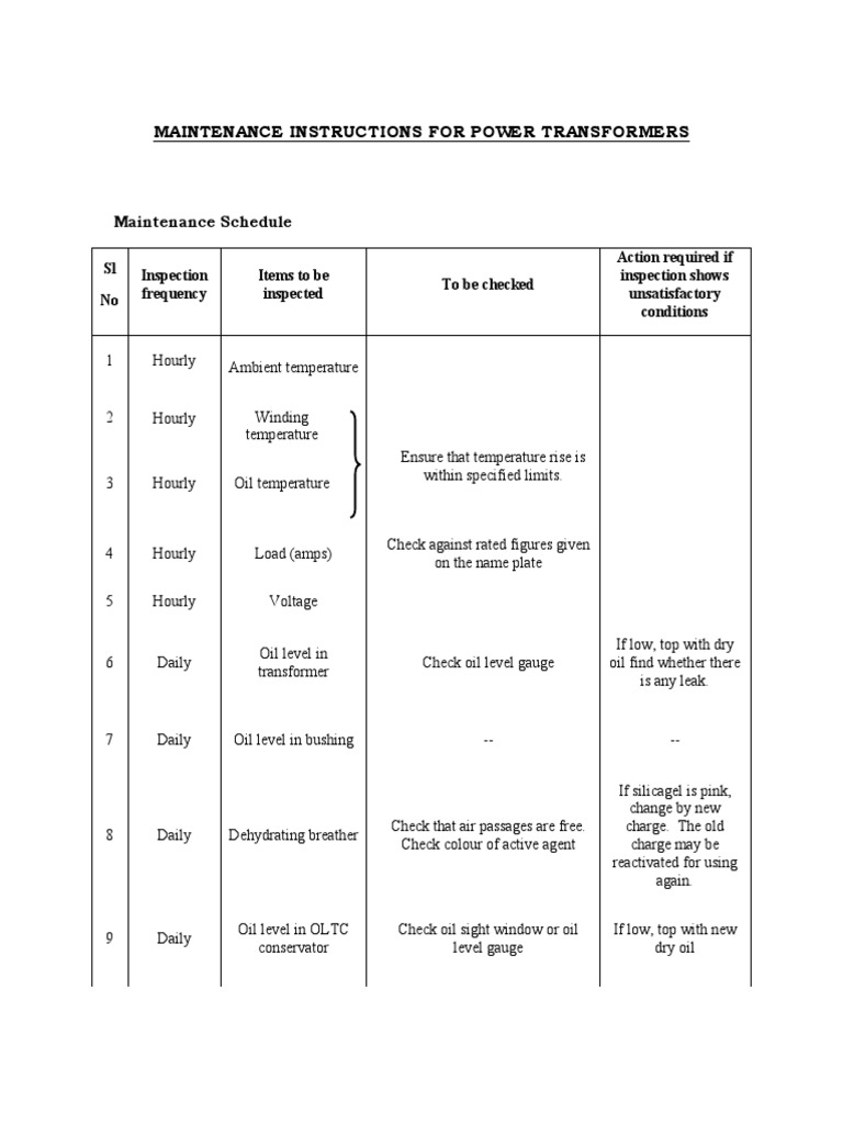 Power TransformerMaintenance Schedule | Relay | Transformer