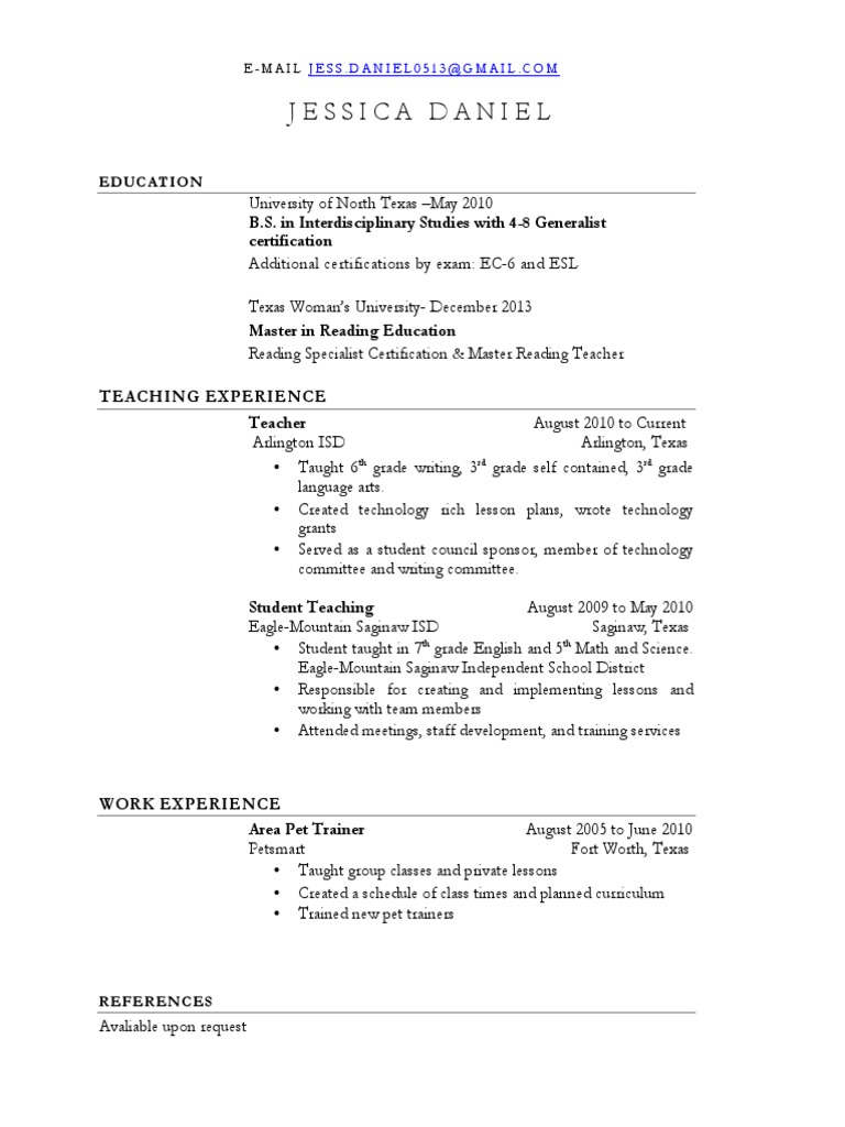 Jessica Daniel's Teaching Resume | PDF | Language Arts & Discipline ...