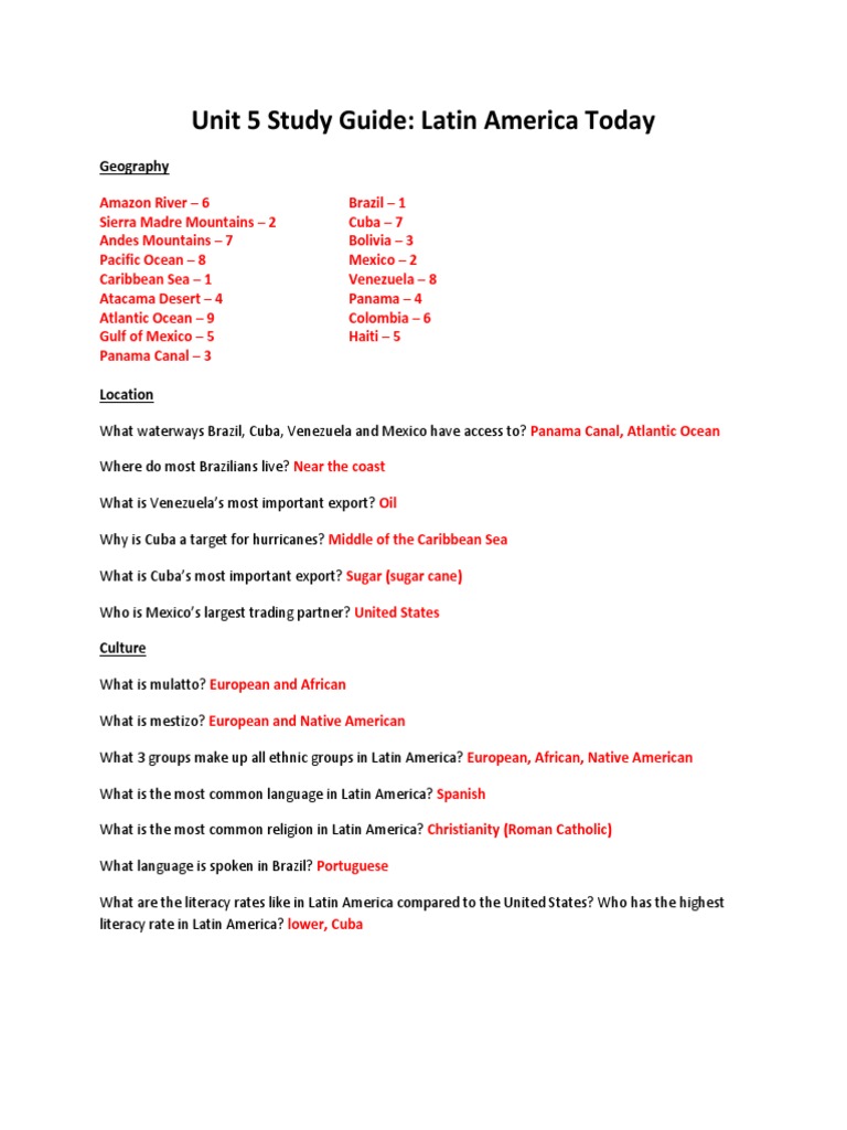Unit 5 Study Guide Answer Key | PDF | Latin America | Cuba