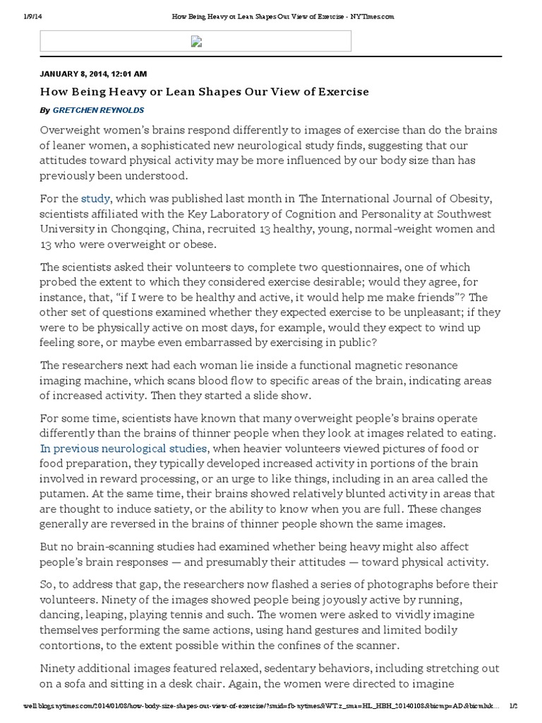 How Being Heavy or Lean Shapes Our View of Exercise - NYTimes | PDF ...