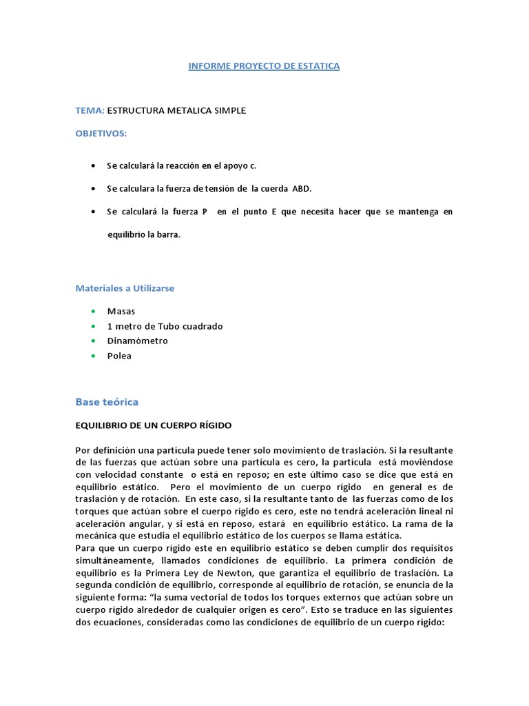 Informe Proyecto de Estatica | PDF | Fuerza | Ecuaciones