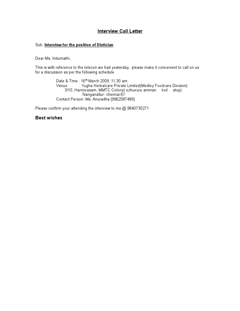 Dietician Interview Call Letter | PDF