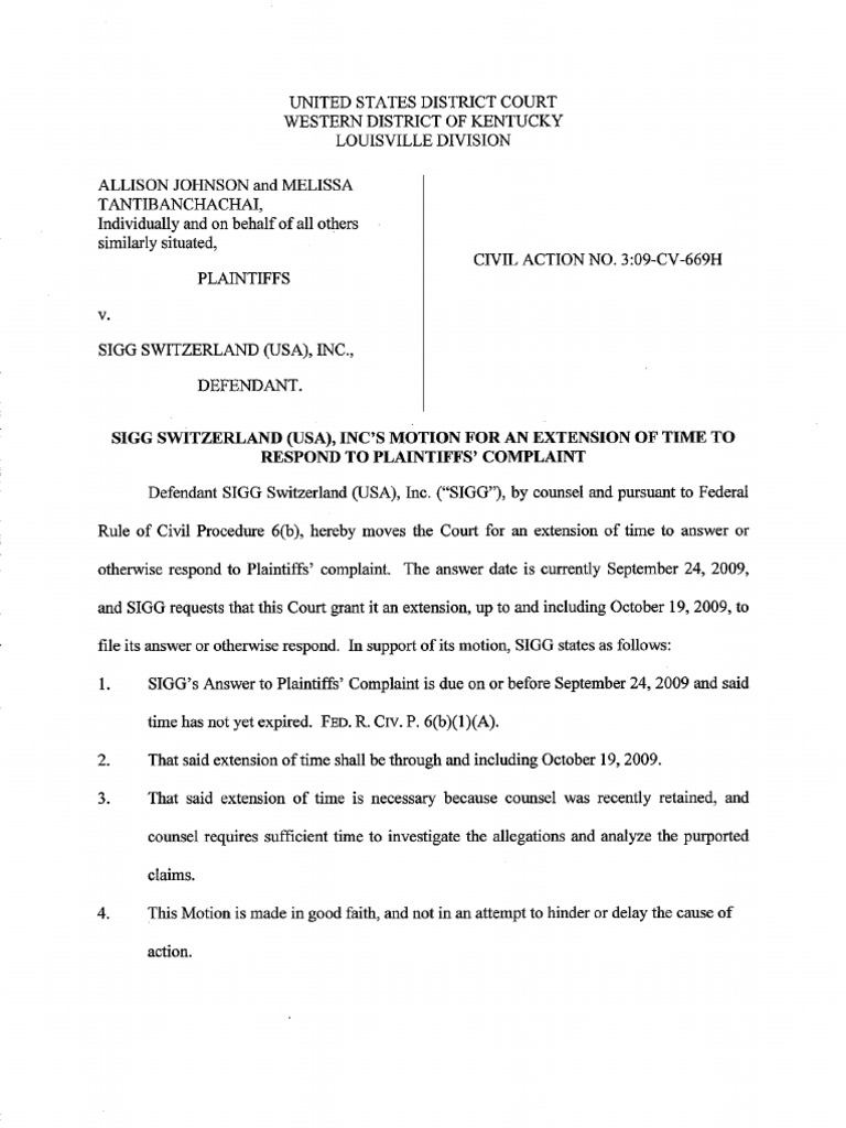 SIGG Motion For Extension | PDF | Class Action | Complaint