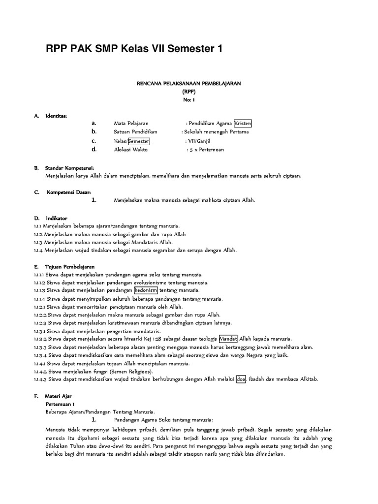 A. RPP Pak SMP Kelas Vii Semester 1 | PDF