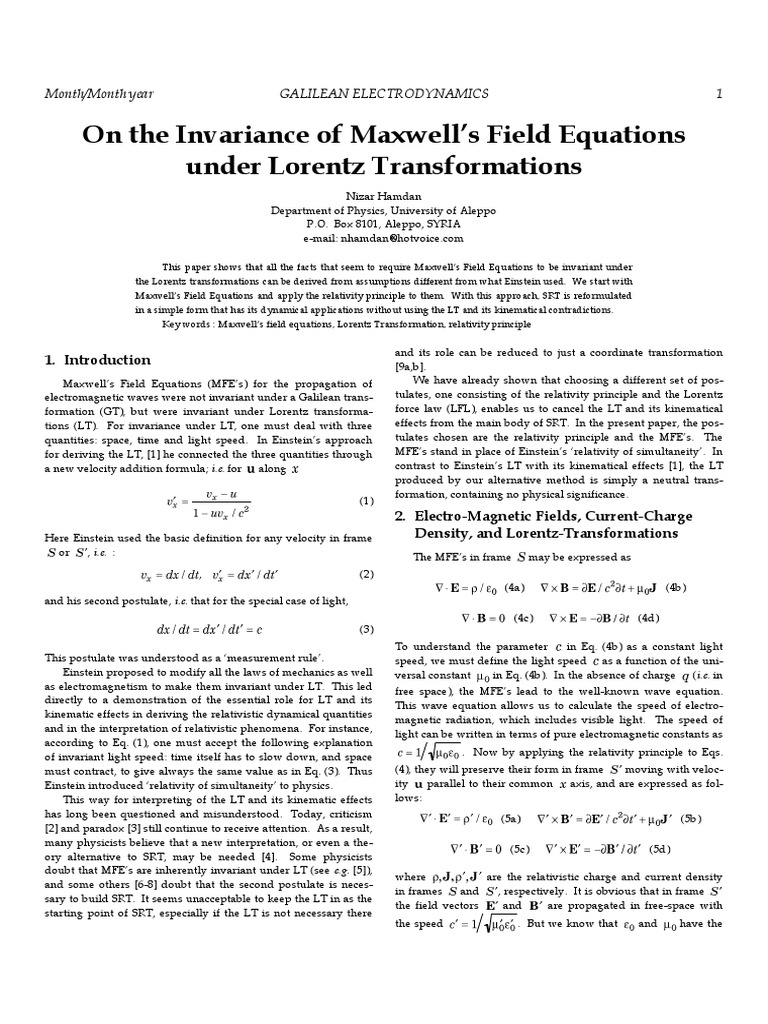 Invariance of Maxwell Field Equations On Lorentz Transformations ...