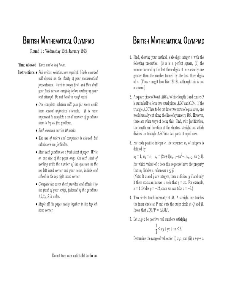 British Mathematical Olympiad Past Papers | PDF | Triangle | Numbers