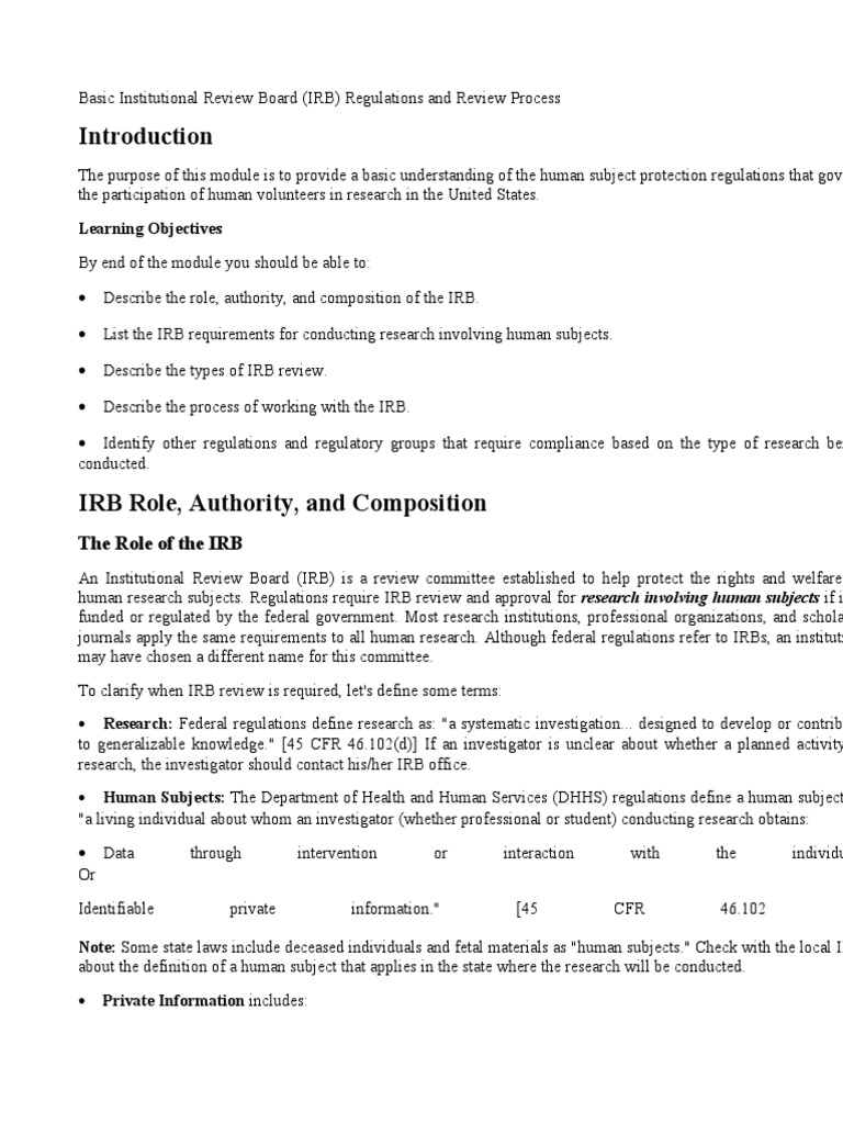 Basic Institutional Review Board (IRB) Regulations and Review Process ...