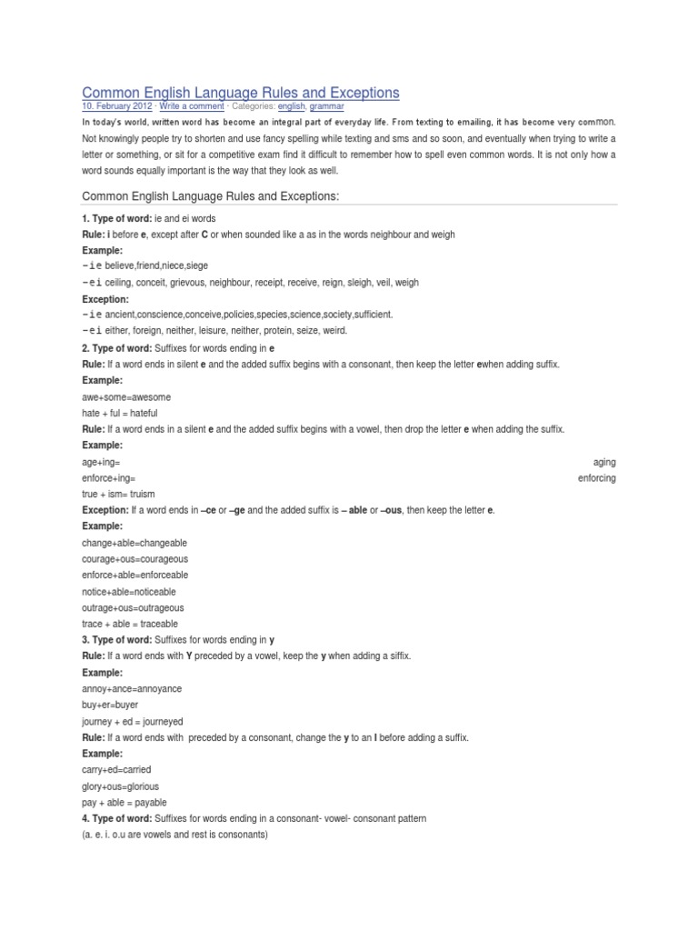 Common English Spelling Rules and Exceptions GOOD | PDF | English ...