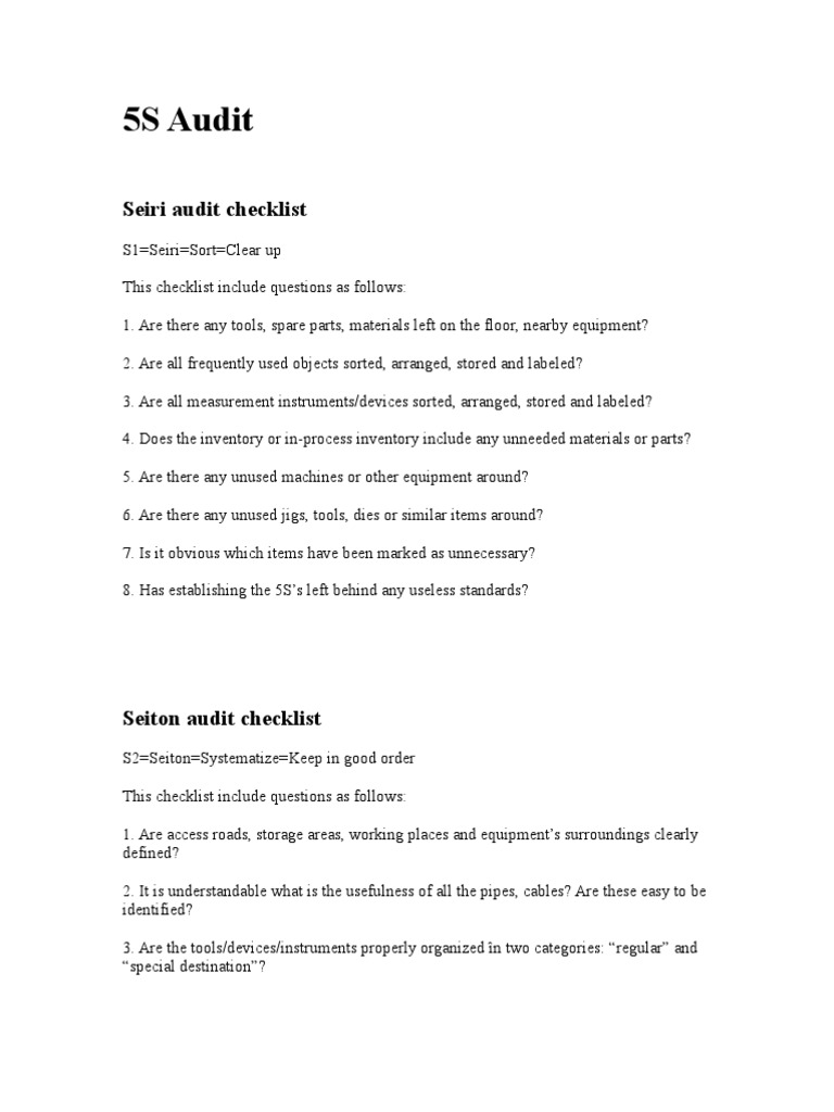 Seiri Audit Checklist | PDF | Inventory