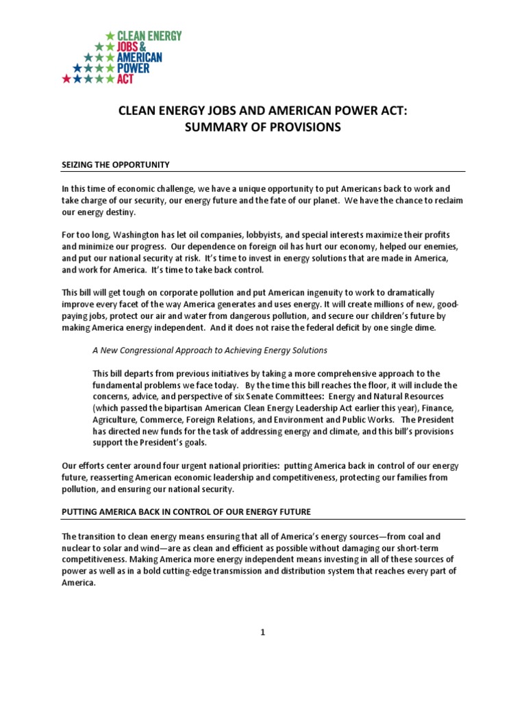 09 30 09 Kerry Boxer Bill Summary | PDF | Natural Gas | Coal