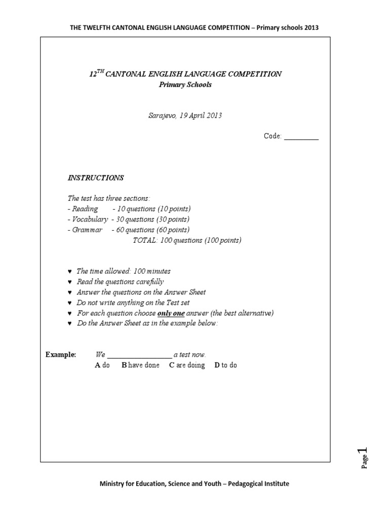 The Twelfth Cantonal English Language Competition Primary | PDF ...