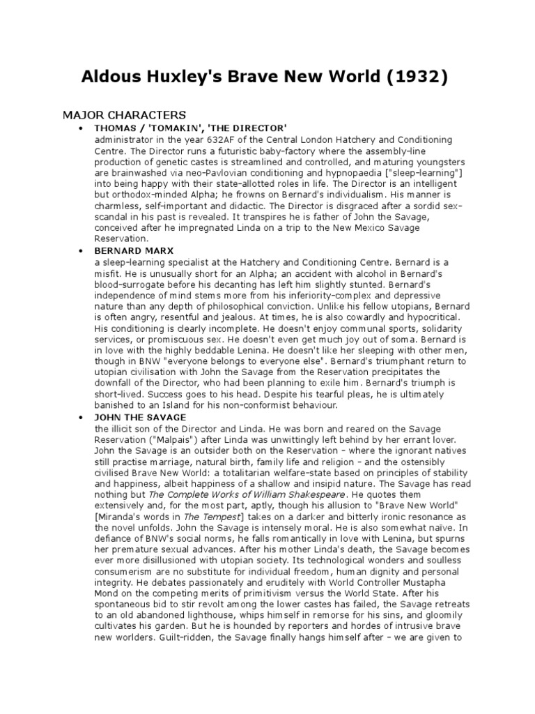 Aldous Huxley's Brave New World (1932) : Major Characters | PDF | Truth ...