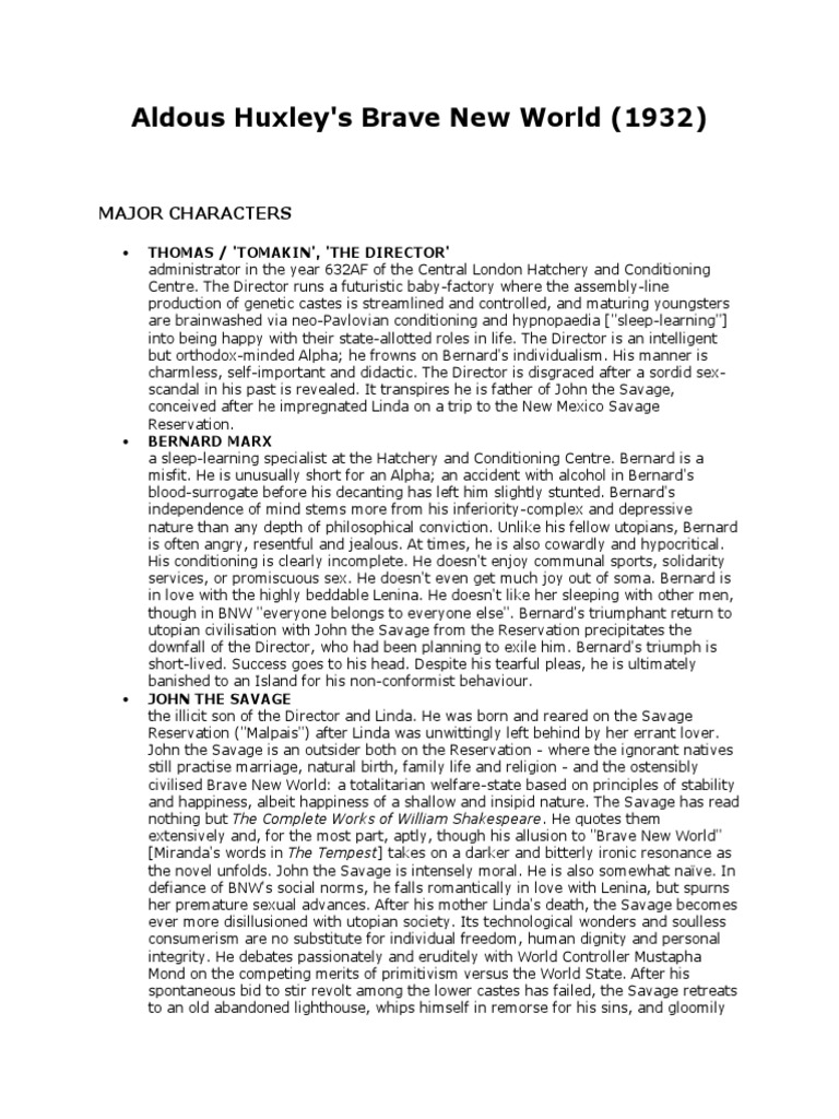 Aldous Huxley's Brave New World (1932) : Major Characters | PDF ...